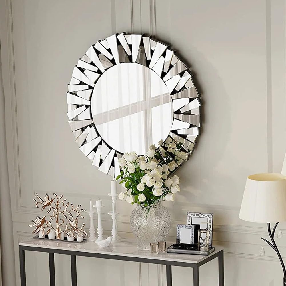 Sunburst Round Glass Accent Wall Mirror 32"x32" Silver Modern ...