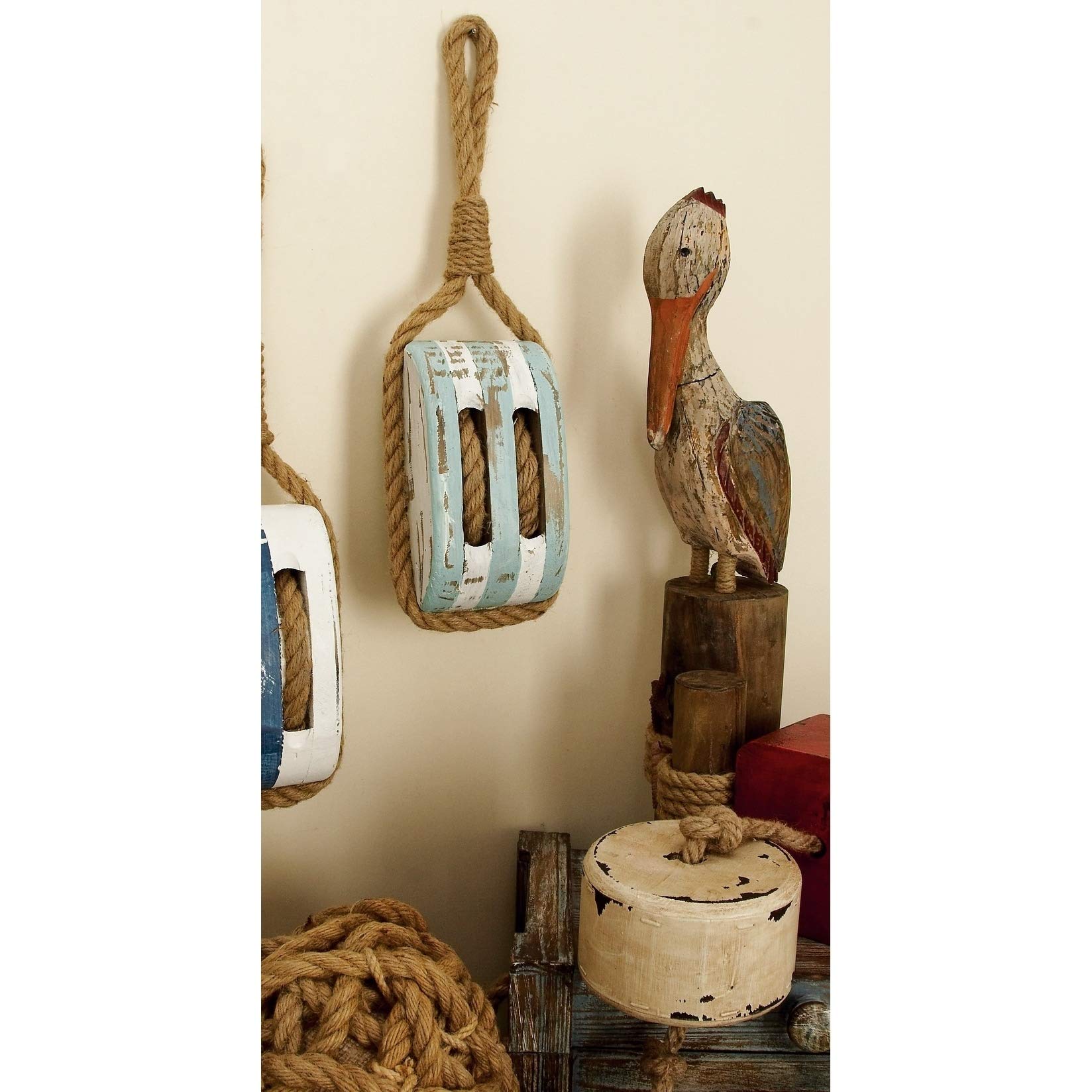 Wood/Rope Decorative Pulley Multi Color Farmhouse Wood Antique ...