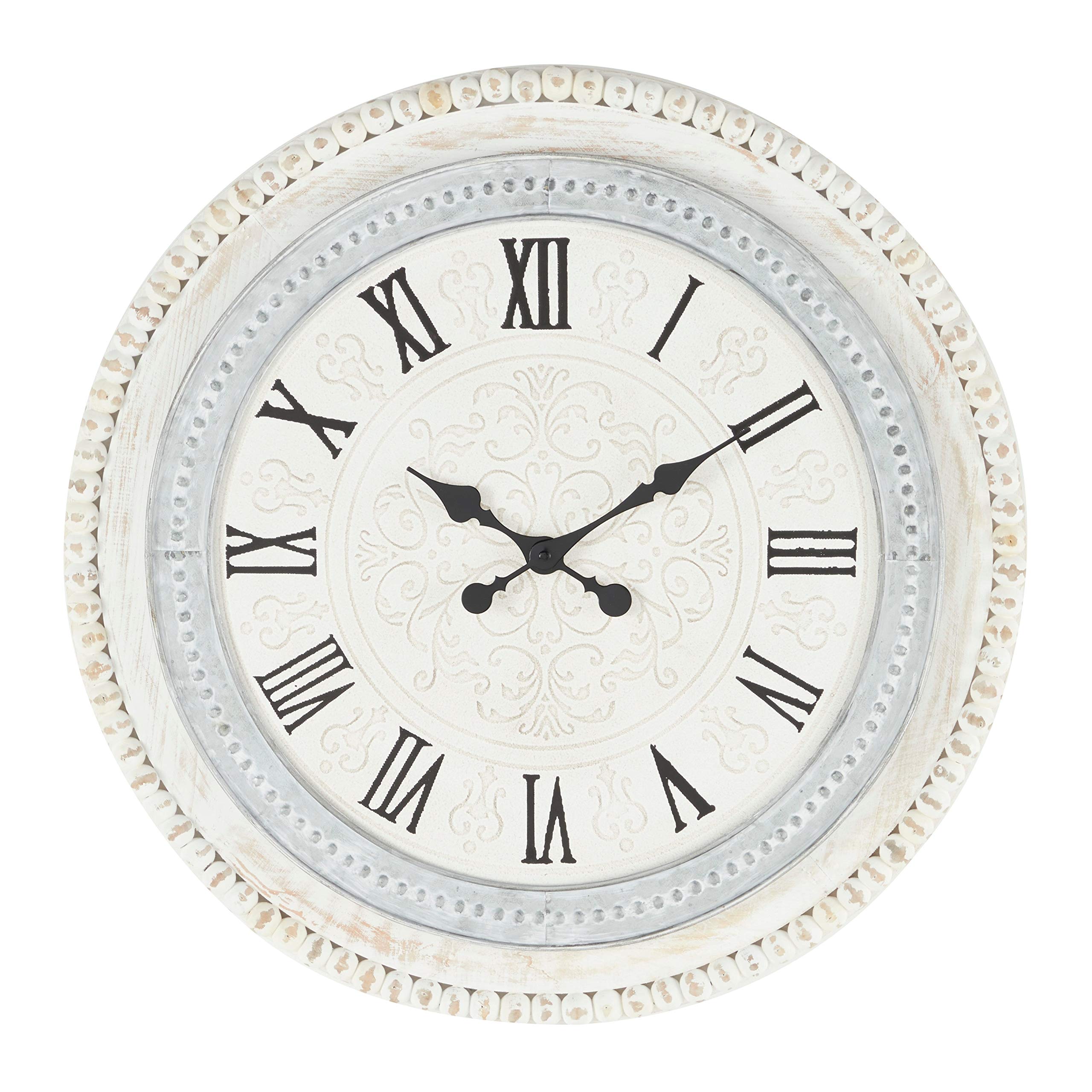 Round Distressed White and Grey Wood Wall Clock with Beaded Textured ...