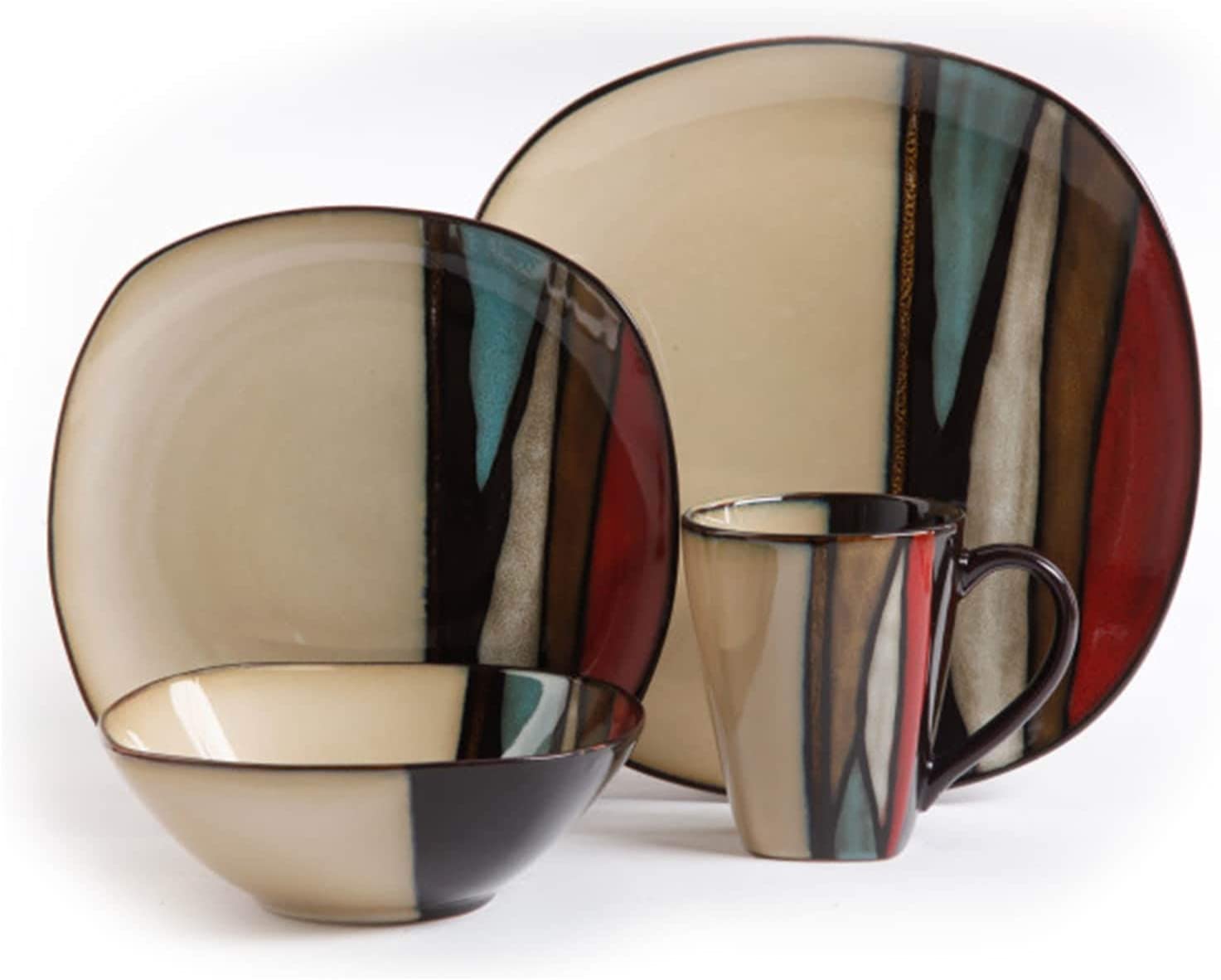 16 Piece Stoneware Dinnerware Set Brown Stripe Casual Square Microwave ...