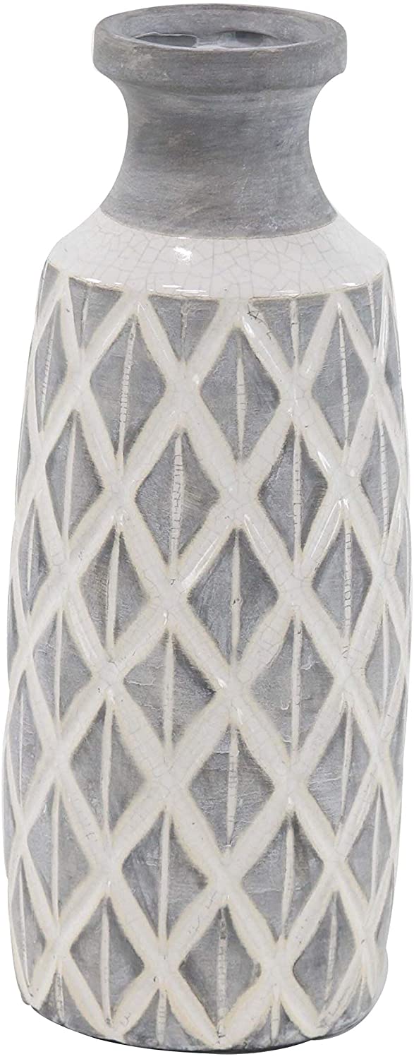 16 inch Traditional Ceramic Cylindrical Crisscross Vase Grey Mid ...