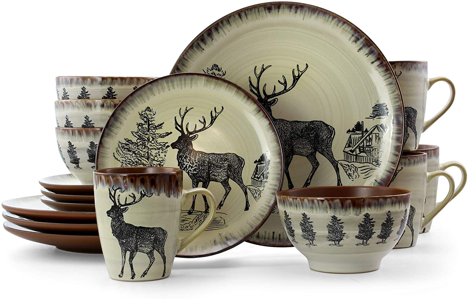 Moose Piece Round Stoneware Dinnerware Set Taupe Beige Animal Casual 16 ...