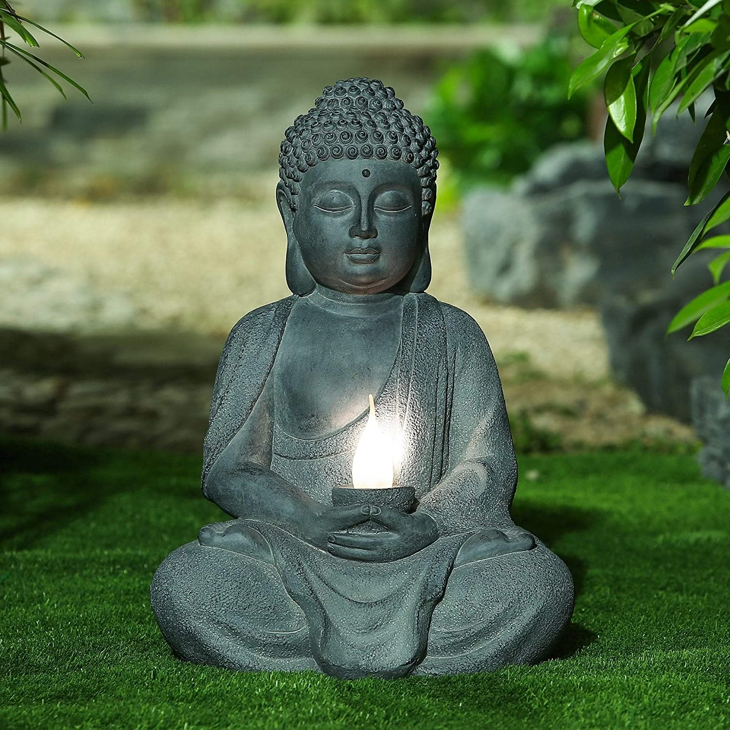 Meditating Buddha Garden Statue Solar Light Grey Oriental Polyresin ...