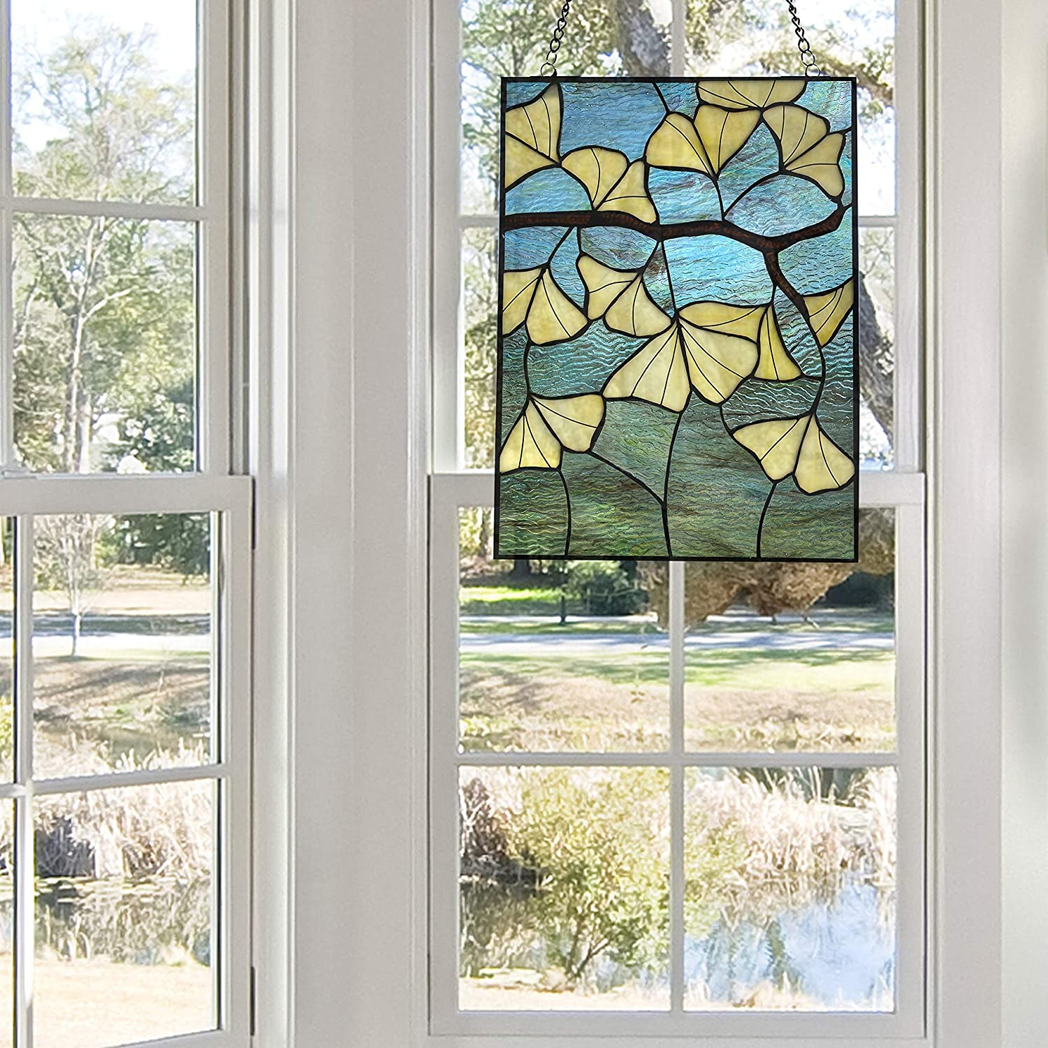 17 5" h Leaf Stained Glass Window Panel Blue Traditional Transitional ...