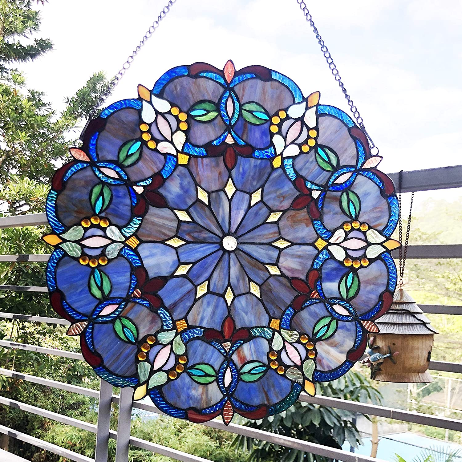 Circular Blue Glass Window Panel/suncatcher Multicolored Accents Color ...